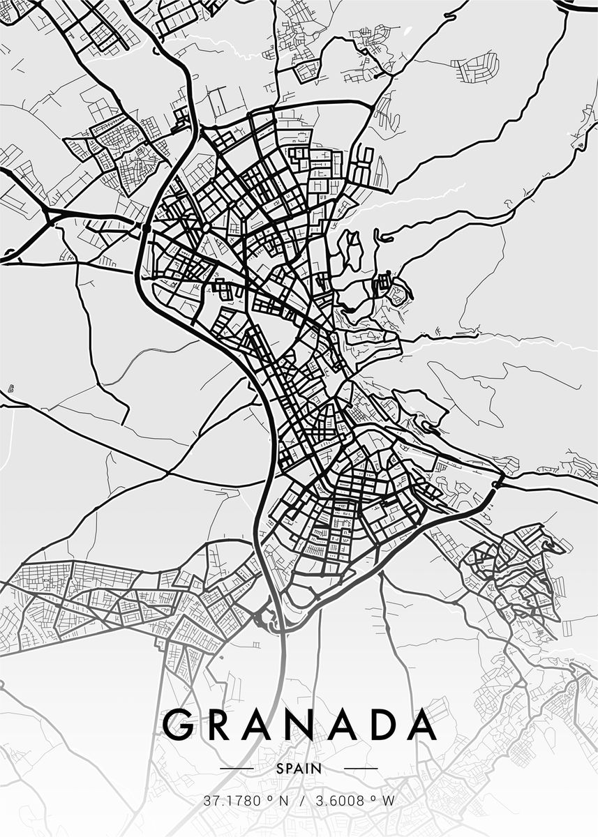 'Granada City Map White' Poster, picture, metal print, paint by MVDZ ...