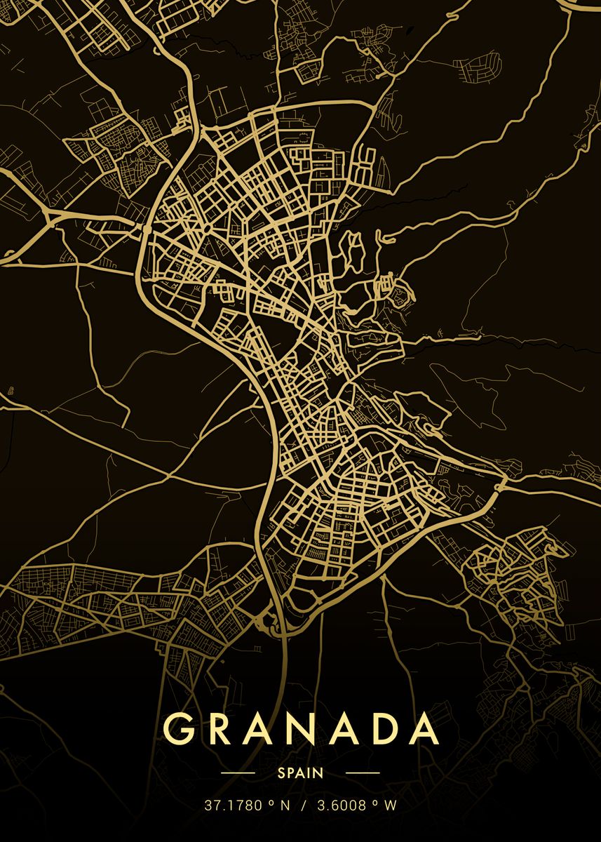 'Granada City Map Gold' Poster, picture, metal print, paint by MVDZ ...