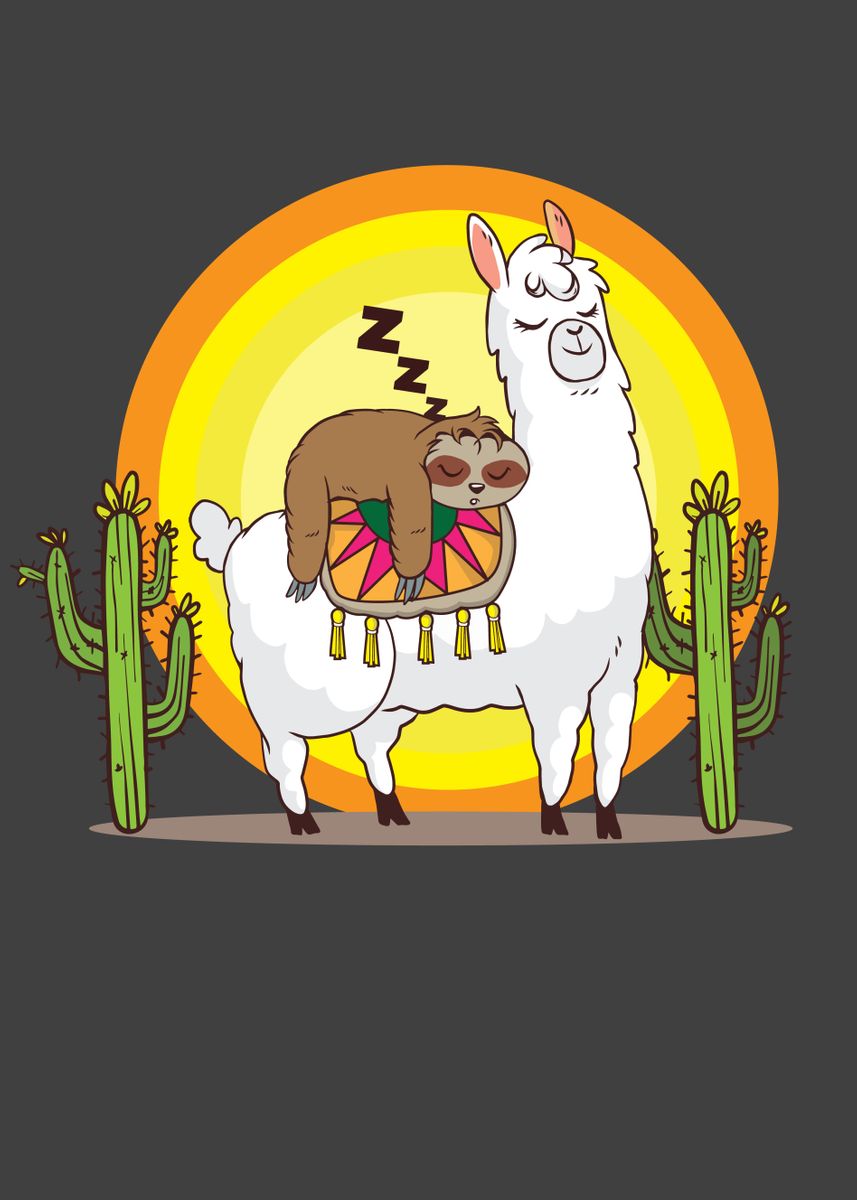 'Sloth Riding Llama Heart' Poster, picture, metal print, paint by ...