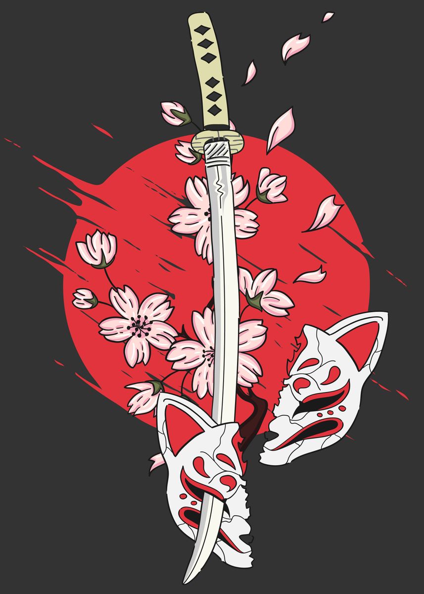 'katana cut kitsune mask' Poster, picture, metal print, paint by ...