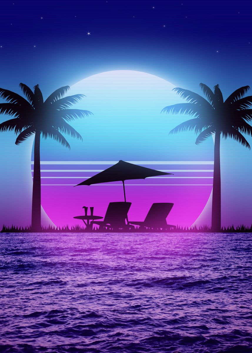'beach sunset synthwave' Poster, picture, metal print, paint by INSPIRE ...