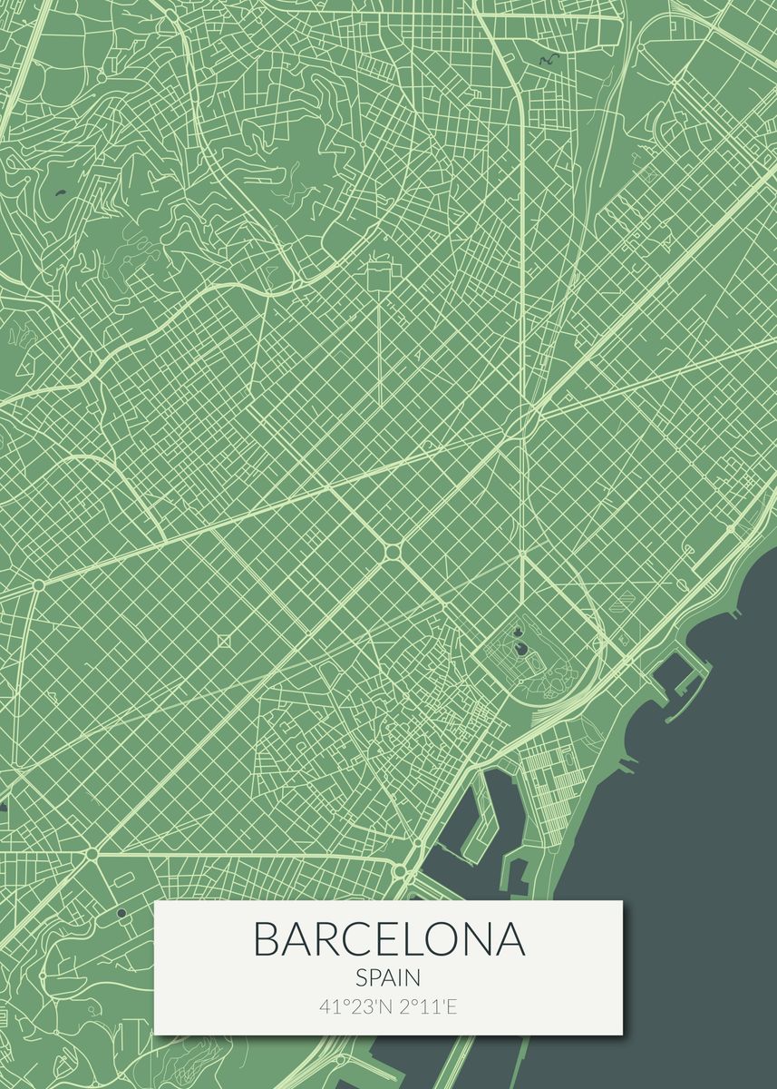 'Barcelona Map Green' Poster, picture, metal print, paint by dkDesign | Displate