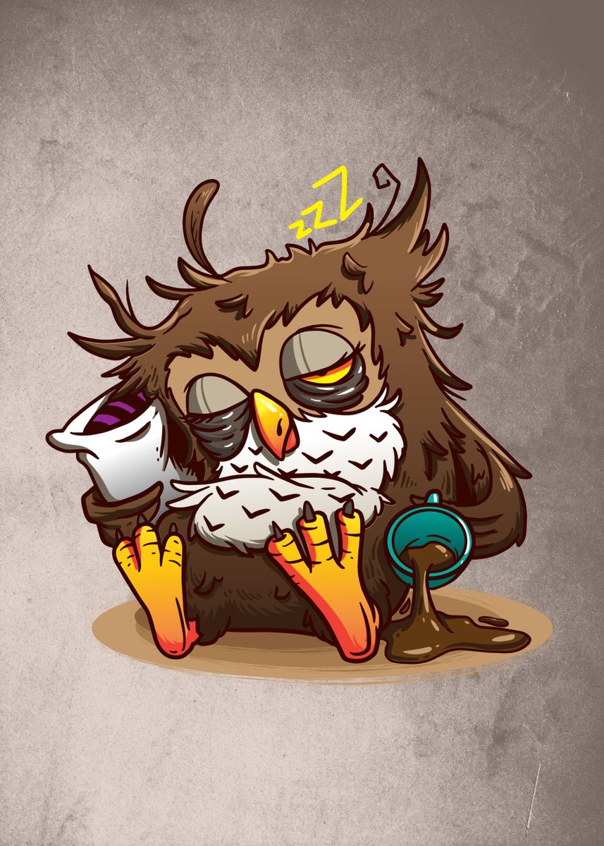 'Owl groggy with coffee' Poster, picture, metal print, paint by ...