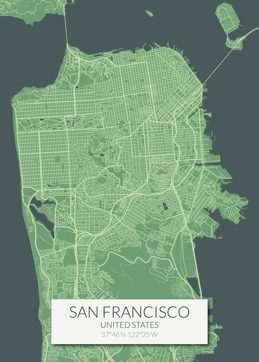 'San Francisco Map Green' Poster, picture, metal print, paint by ...