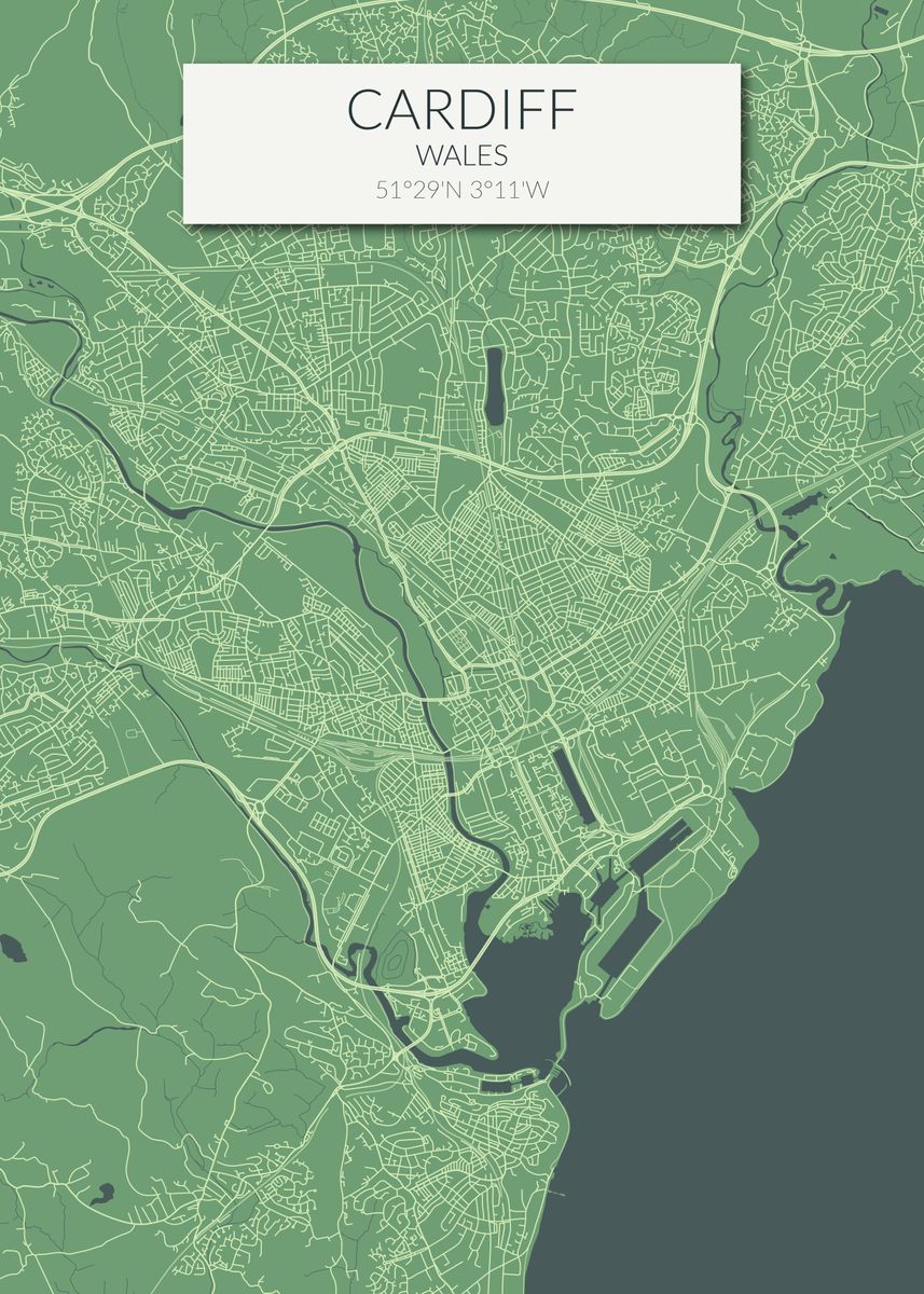 'Cardiff Map Green' Poster, picture, metal print, paint by dkDesign ...