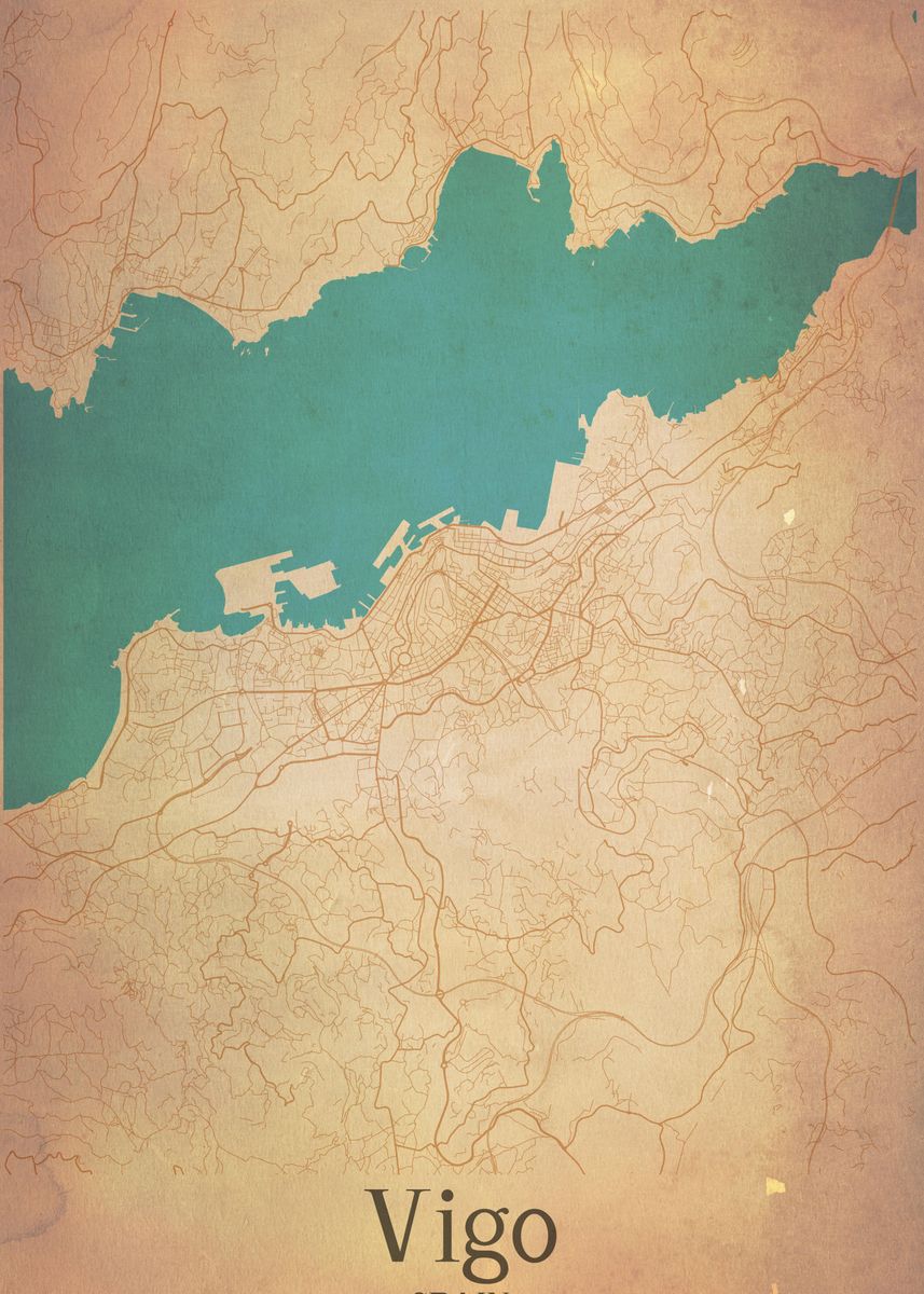 'Vigo Spain City Map' Poster, picture, metal print, paint by Tim Hinz ...