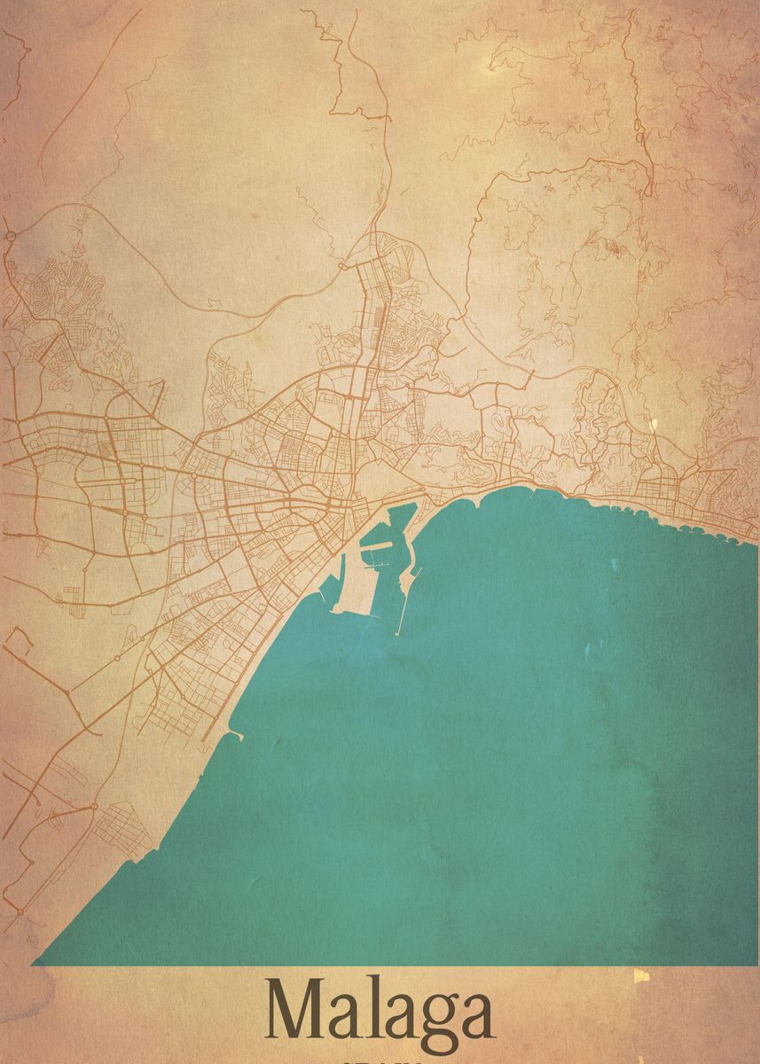 'Malaga Spain City Map' Poster, picture, metal print, paint by Tim Hinz ...
