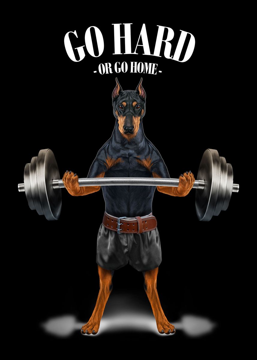 'Doberman Weightlifting' Poster, picture, metal print, paint by Jeff ...