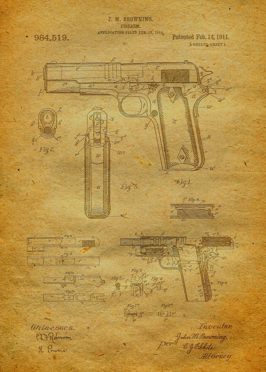 '2 Colt 45 Handgun 1911 Pa' Poster, picture, metal print, paint by ...