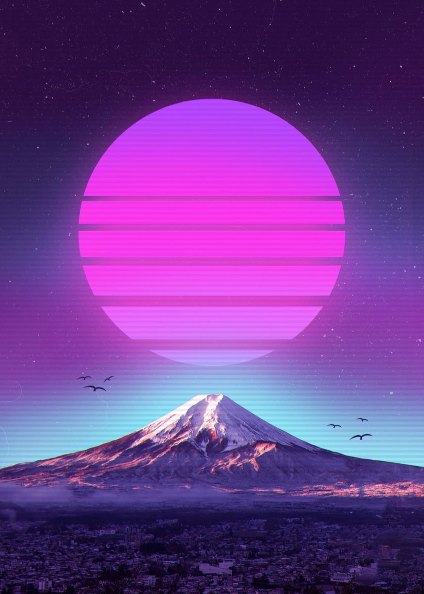 'Fuji Mountain Synthwave' Poster, picture, metal print, paint by Oliver ...