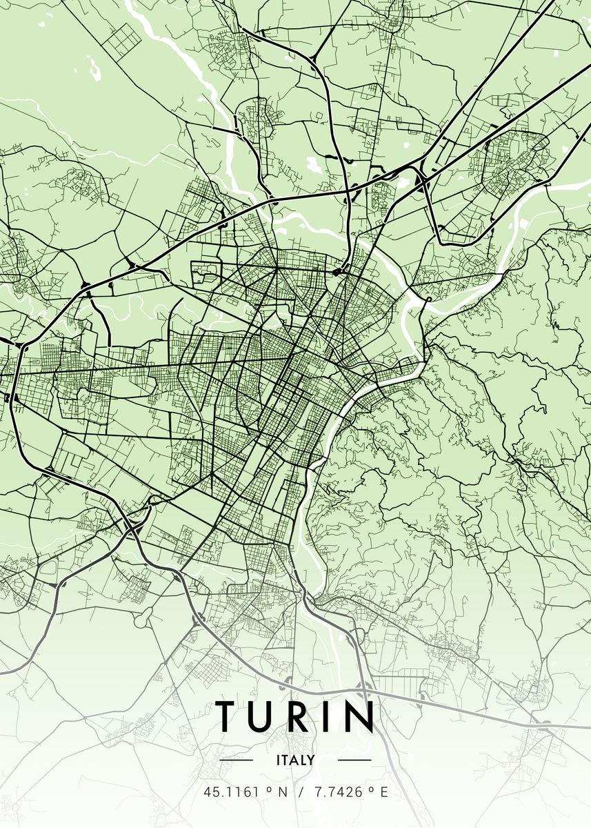 'Turin City Map Green' Poster, picture, metal print, paint by MVDZ ...