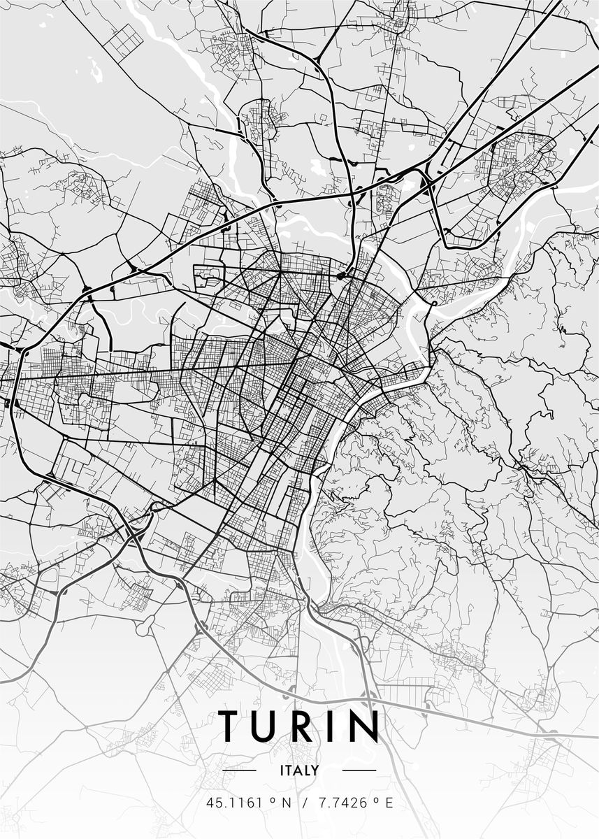 'Turin City Map White' Poster, picture, metal print, paint by MVDZ ...
