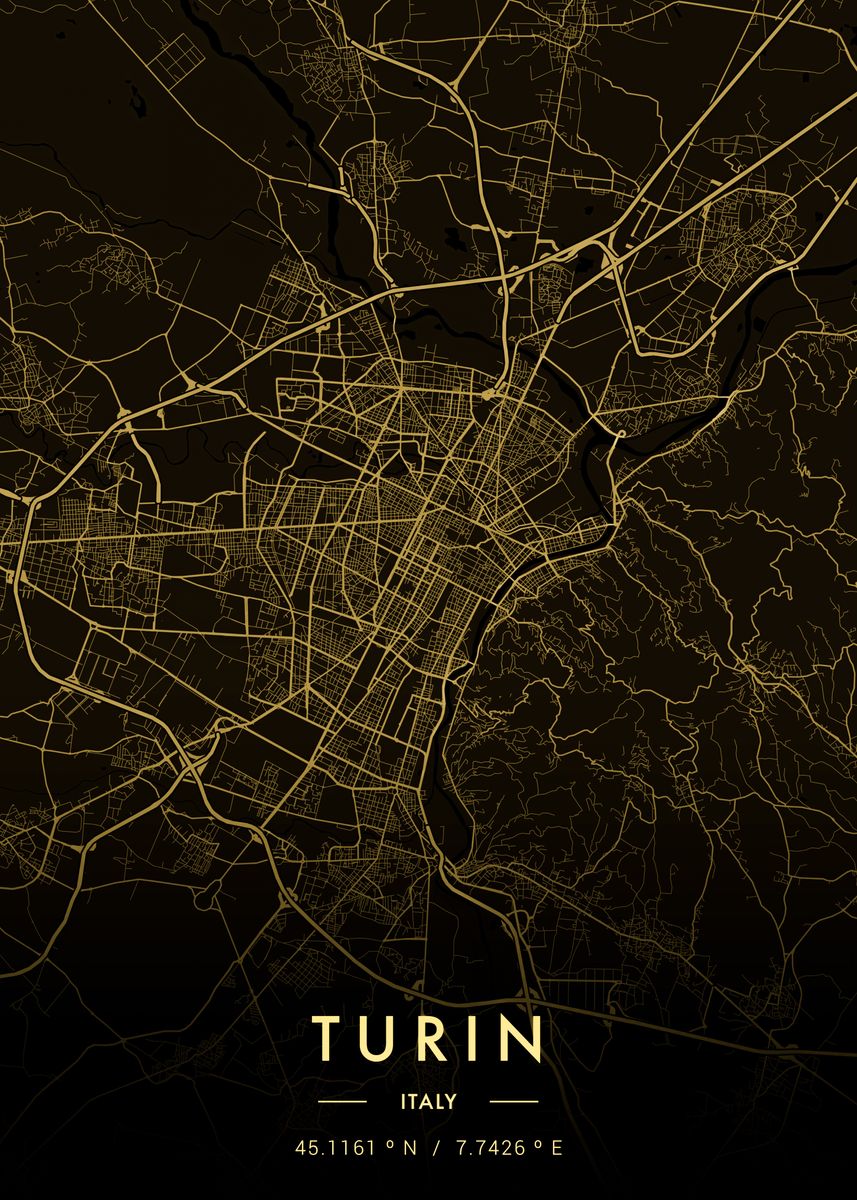 'Turin City Map Gold' Poster, picture, metal print, paint by MVDZ ...
