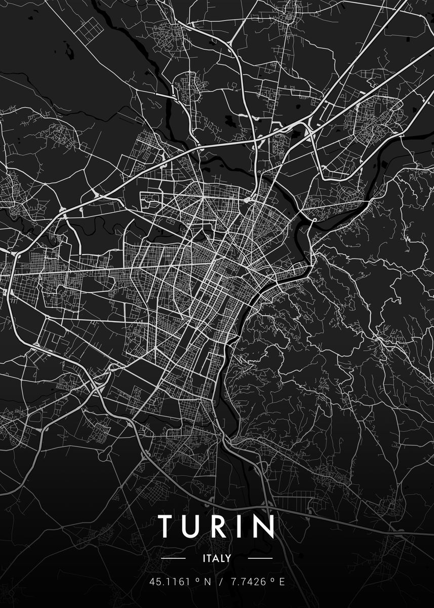 'Turin City Map Dark' Poster, picture, metal print, paint by MVDZ ...