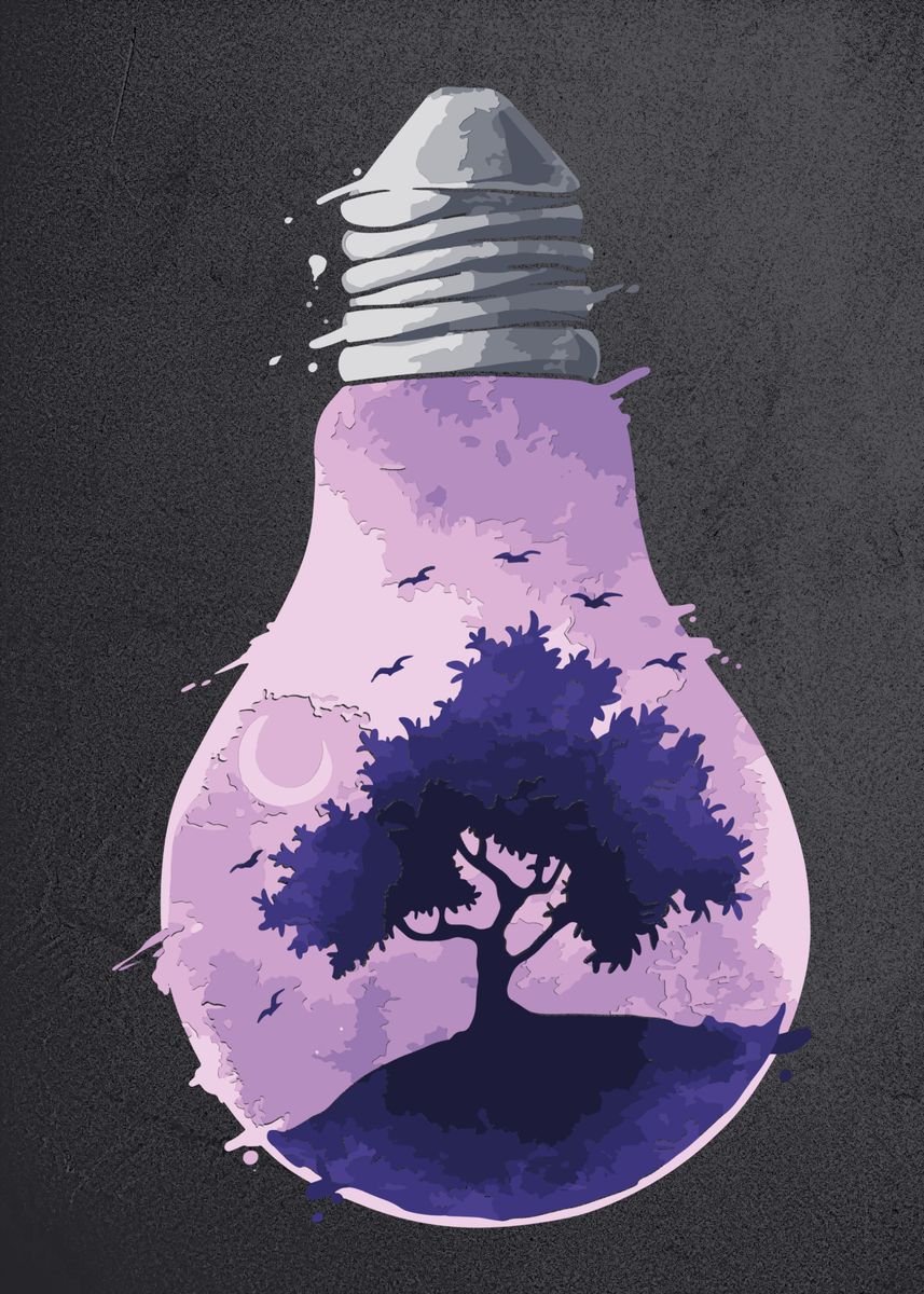 'Bulb with tree and birds' Poster, picture, metal print, paint by ...