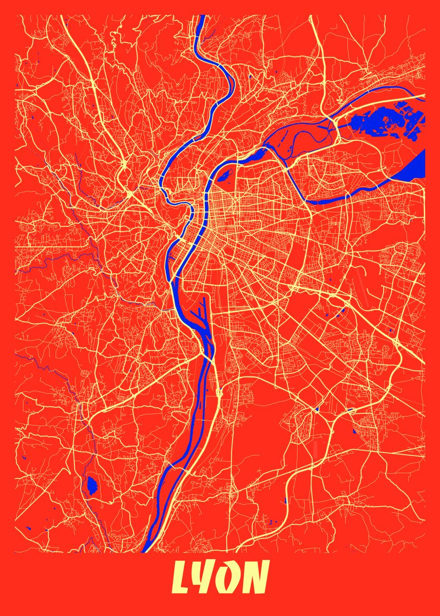 'Lyon Retro City Map' Poster, picture, metal print, paint by Tien ...