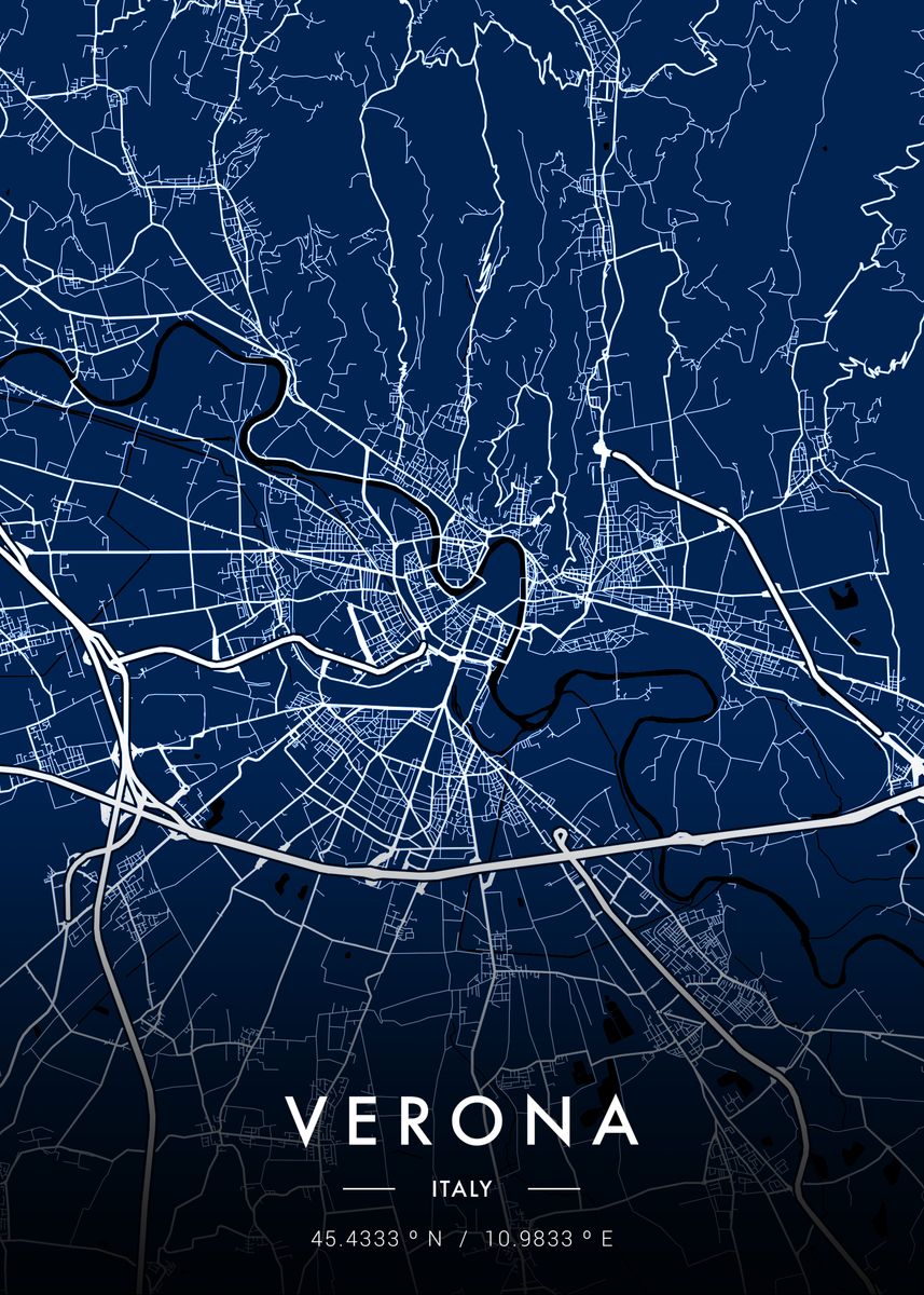 'Verona City Map Blueprint' Poster, picture, metal print, paint by MVDZ ...