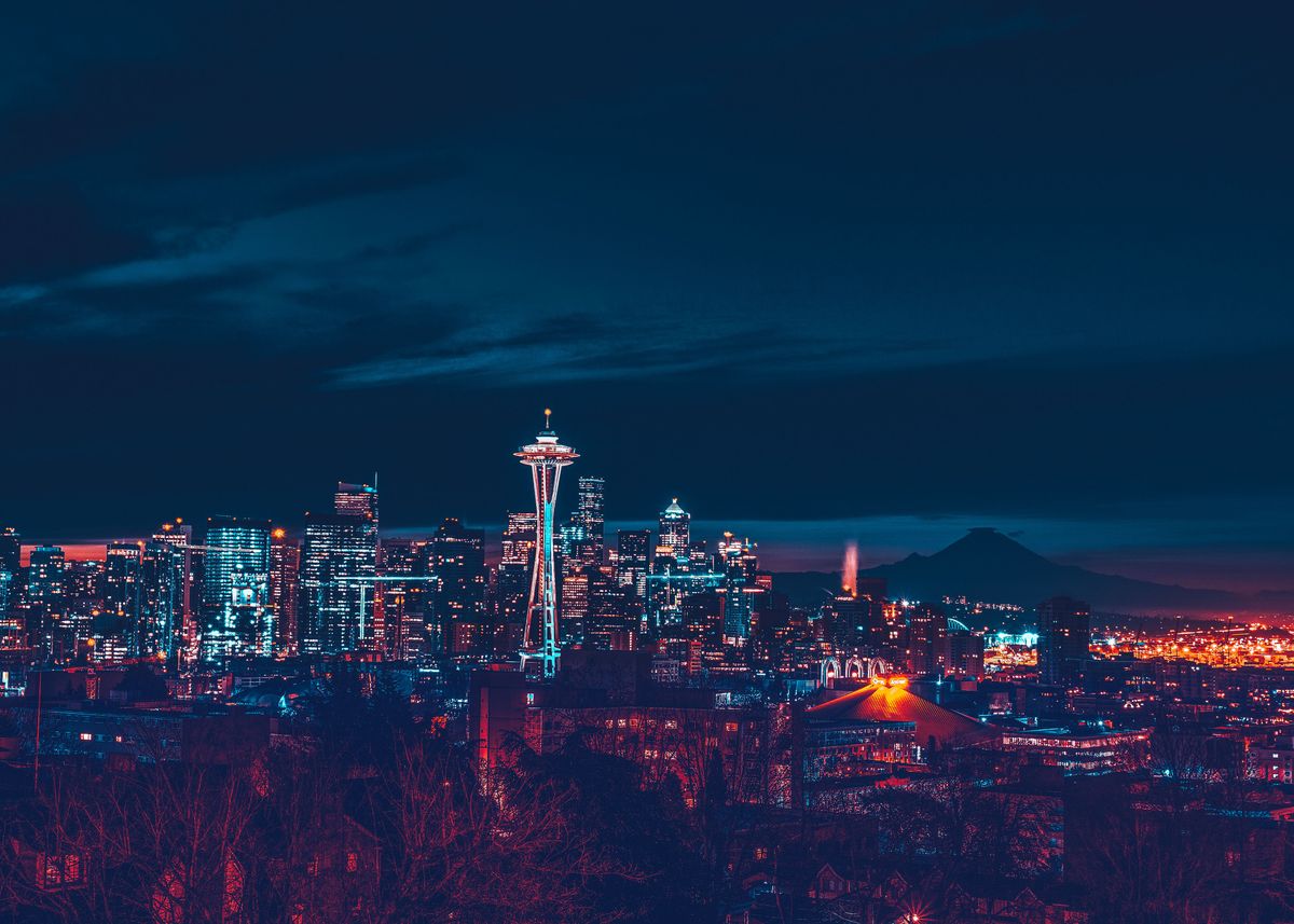 'Skyline Seattle neon style' Poster by EBPX | Displate