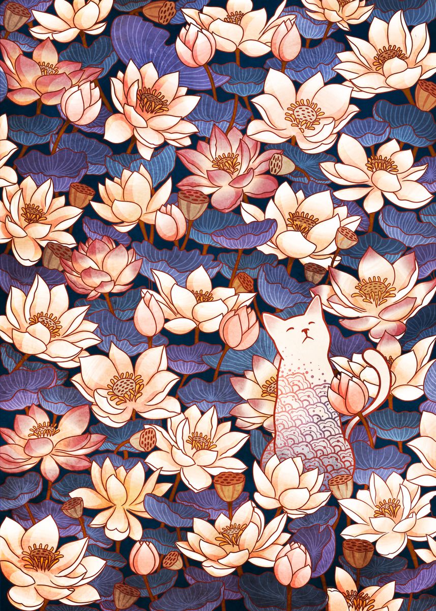 'White cat and Lotus' Poster, picture, metal print, paint by syntetyc ...