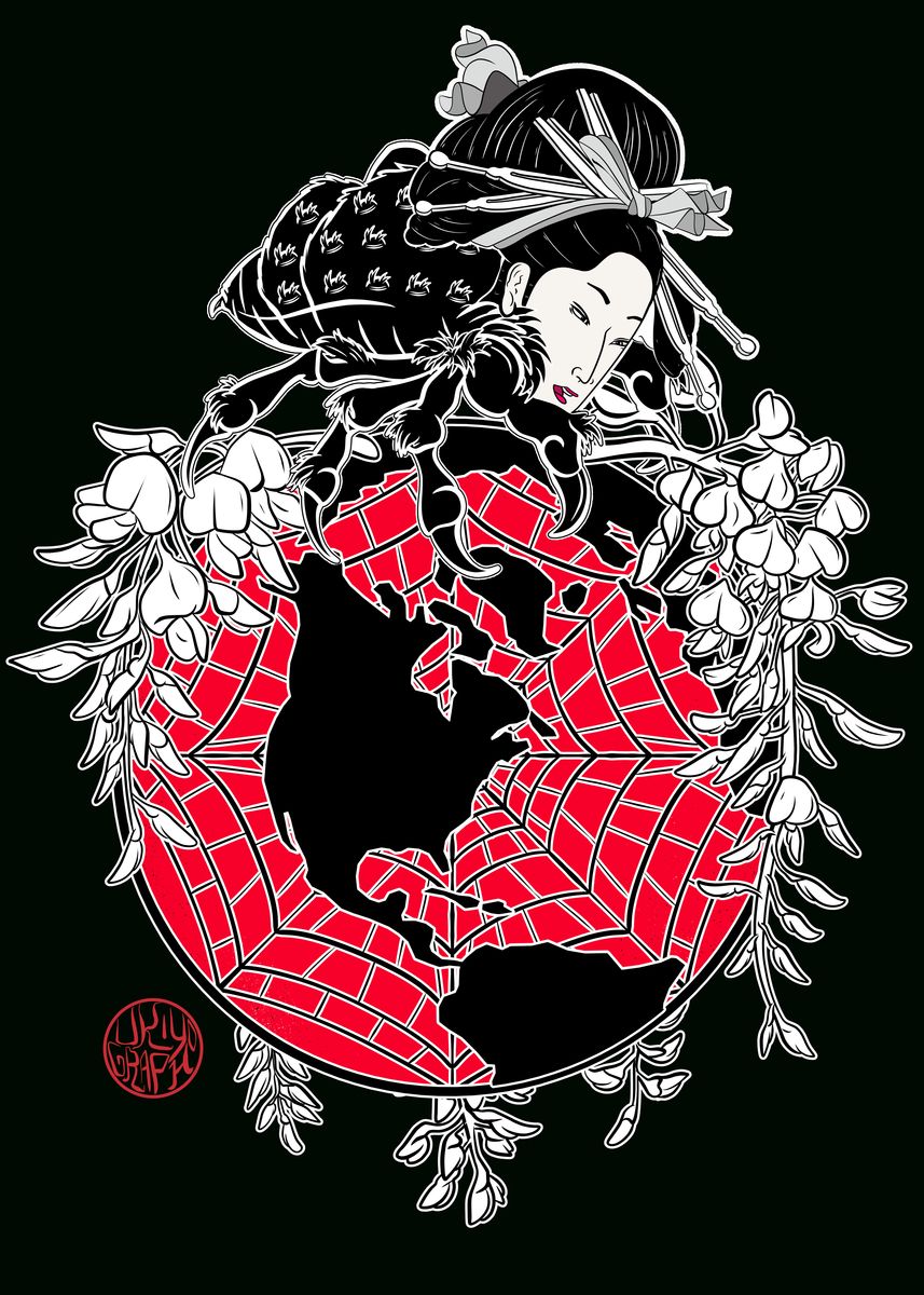 'Spider with Geisha face' Poster, picture, metal print, paint by ...