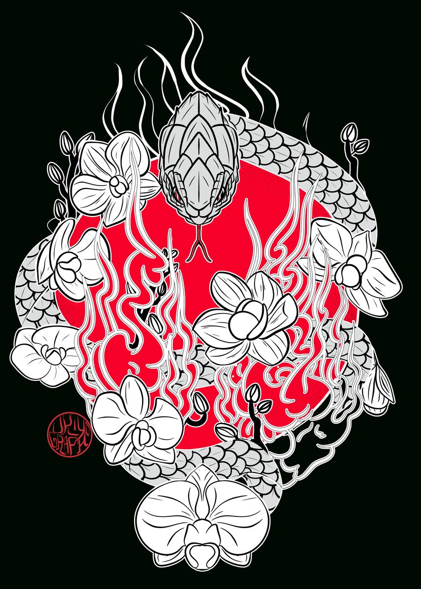 'Japanese snake and orchids' Poster, picture, metal print, paint by ...