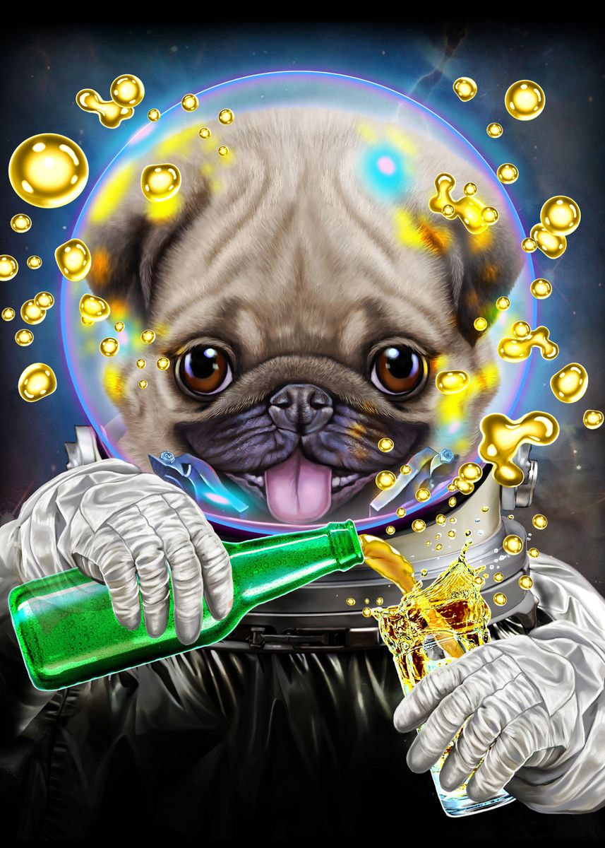 'Astronaut Pug' Poster, picture, metal print, paint by Jeff | Displate