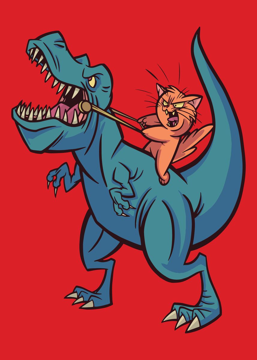 'CUTE CAT RINDING TREX' Poster, picture, metal print, paint by ...