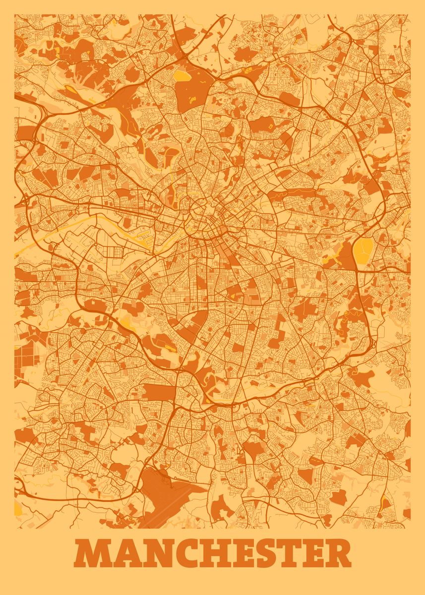'Manchester Sunset City Map' Poster, picture, metal print, paint by ...