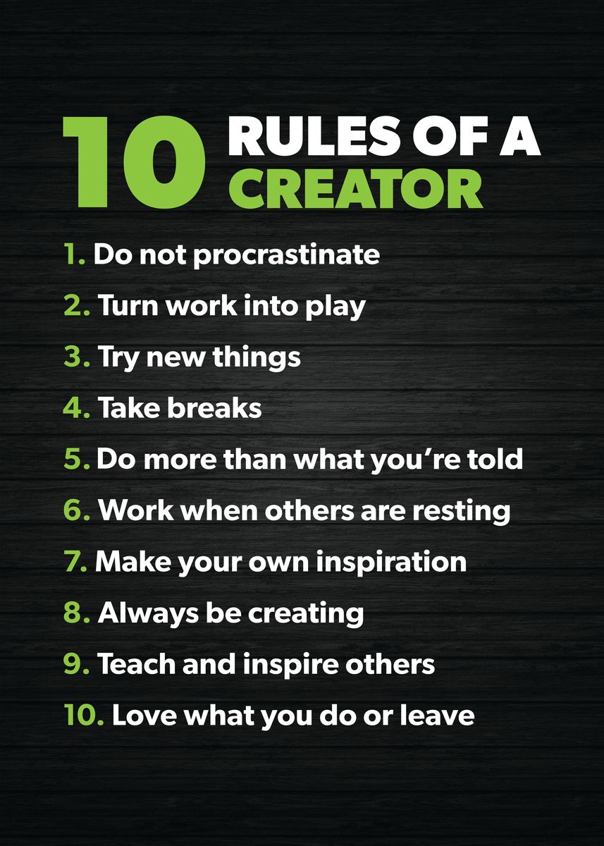'10 Rules Of A Creator' Poster, picture, metal print, paint by CHAN ...