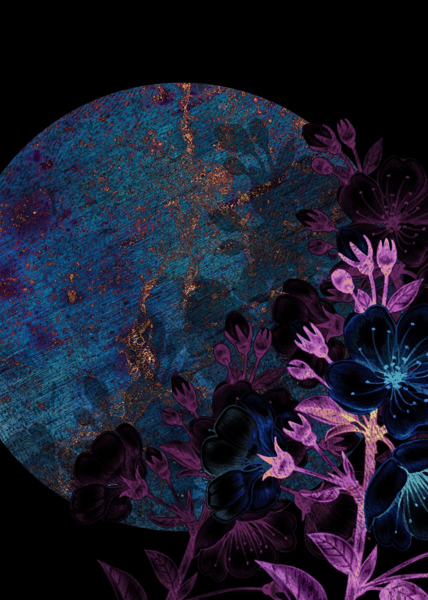 'Abstract Moon with Flowers' Poster, picture, metal print, paint by ...