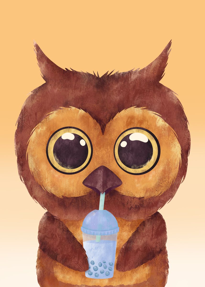 'Owl Boba Tea' Poster, picture, metal print, paint by XandYart | Displate