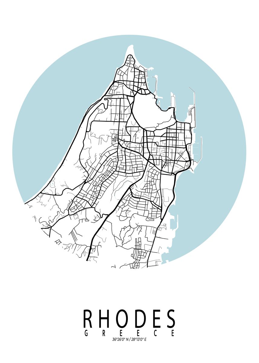 'Rhodes City Map Circle' Poster, picture, metal print, paint by deMAP ...