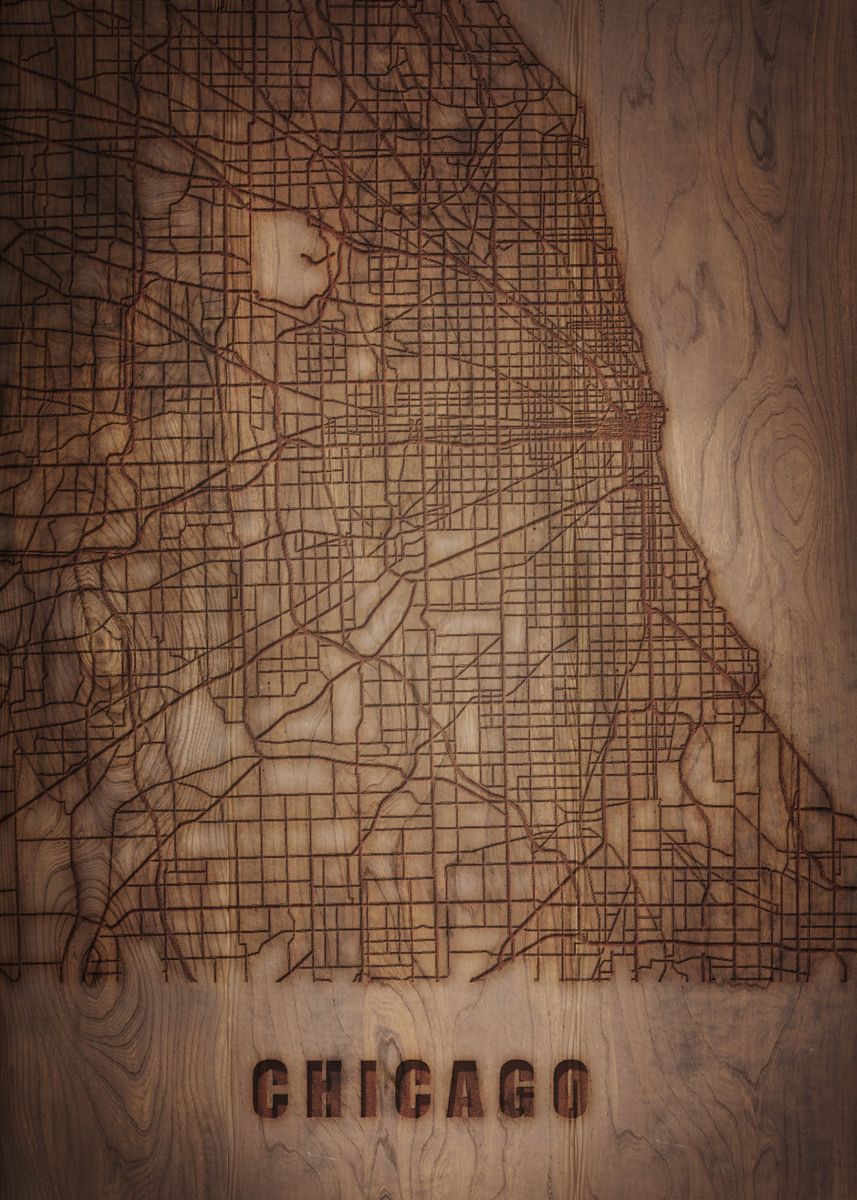 'Chicago Wood Map' Poster, picture, metal print, paint by NAKU | Displate
