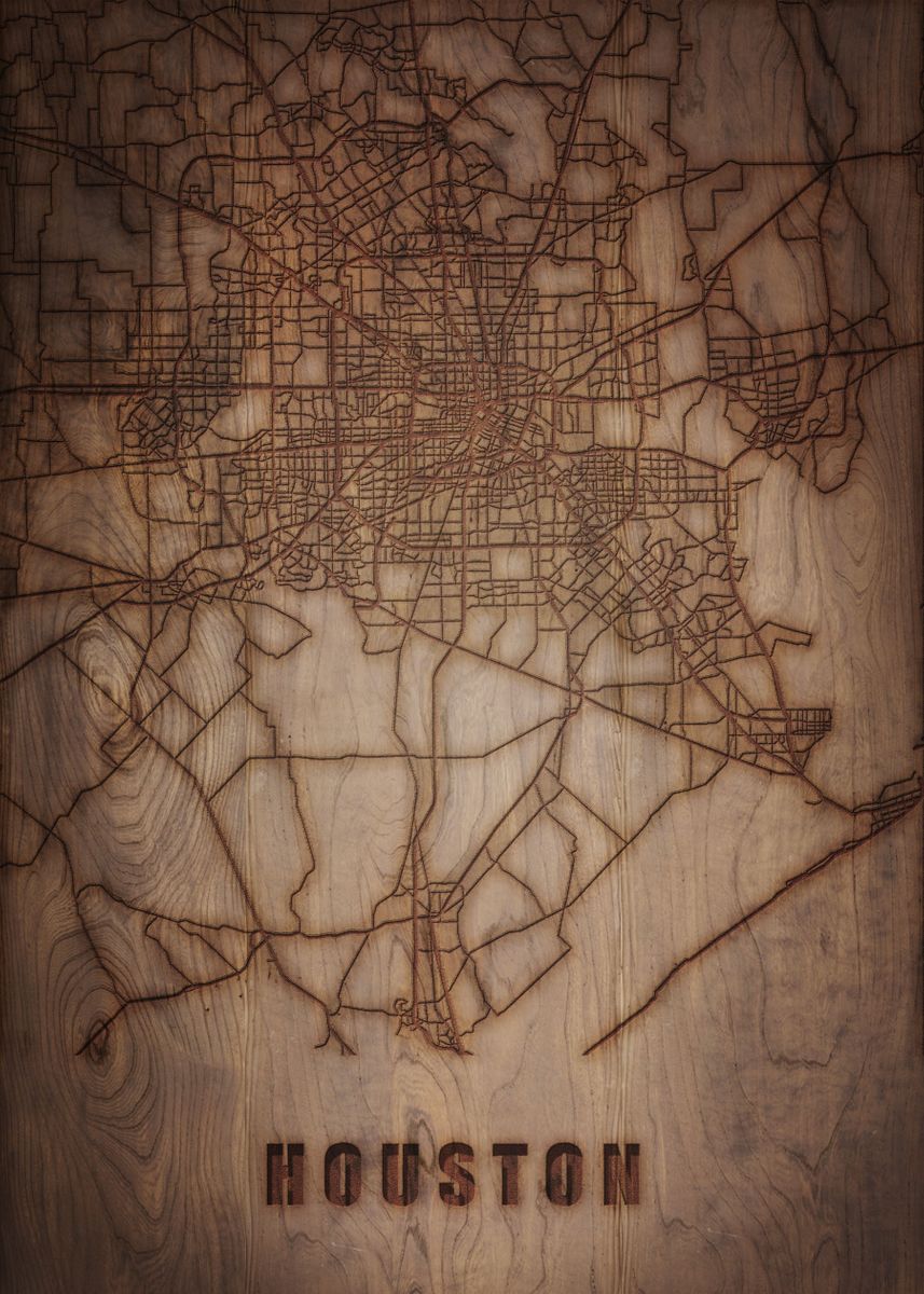 'Houston Wood Map' Poster, picture, metal print, paint by NAKU | Displate