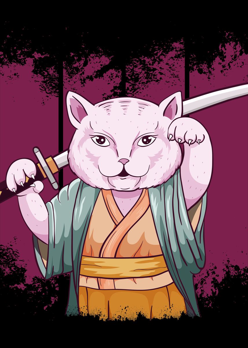 'Maneki Neko Samurai Cat' Poster, picture, metal print, paint by ...