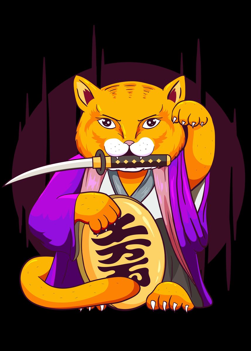 'Samurai Maneki Neko Cat' Poster, picture, metal print, paint by ...