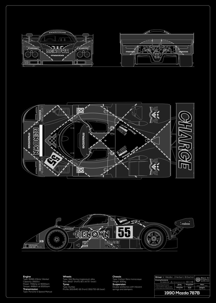 'Mazda 787B Blueprint' Poster, picture, metal print, paint by ...