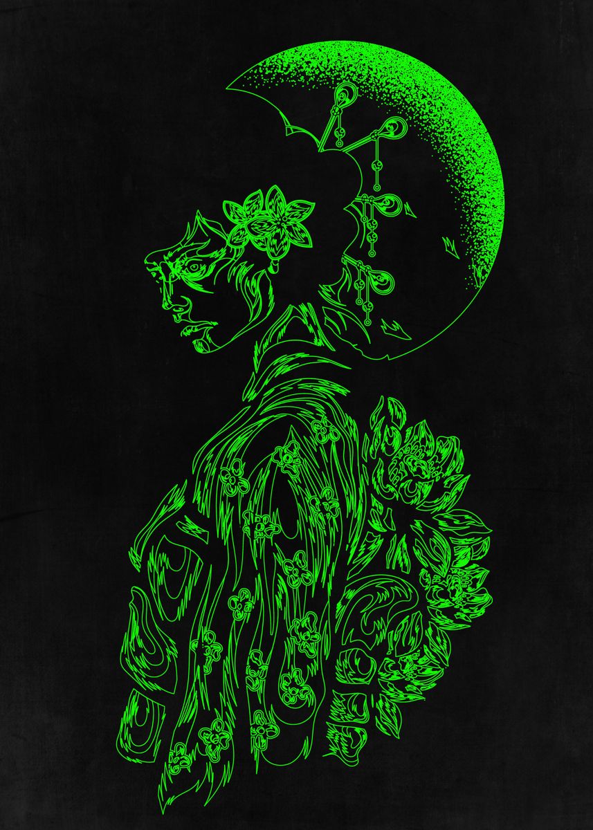 'Neon Green Japanese Geisha' Poster, picture, metal print, paint by ...