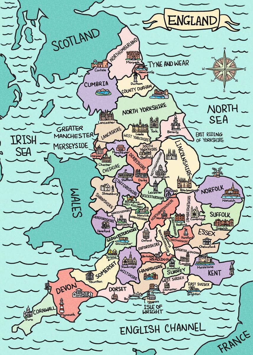 'Colorful England Map ' Poster, picture, metal print, paint by Sheridan ...