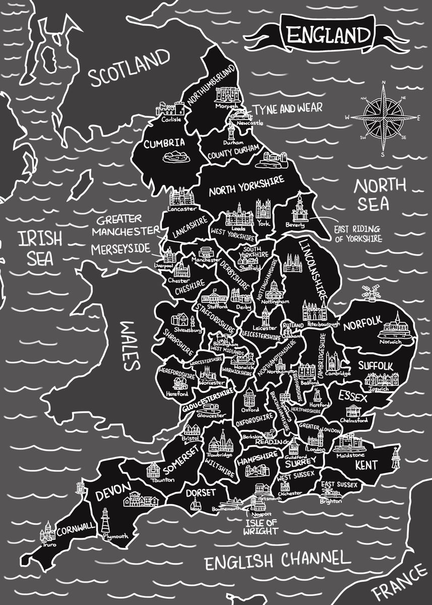 'Dark Mode England Map' Poster, picture, metal print, paint by Sheridan ...