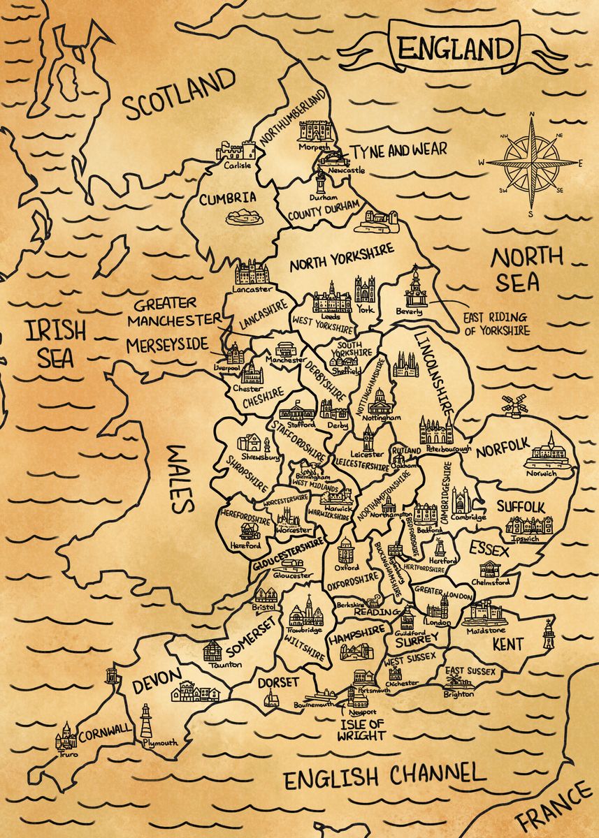 'Brown Vintage England Map ' Poster, picture, metal print, paint by ...