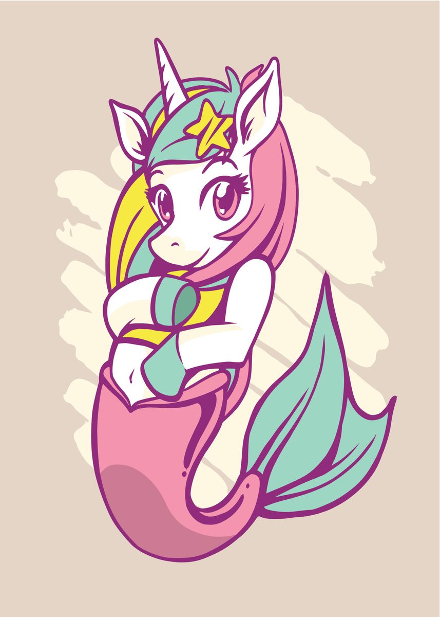 'Unicorn cute mermaid see' Poster, picture, metal print, paint by ...