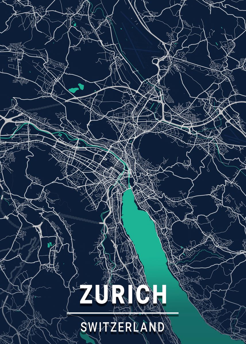 'Zurich Map Switzerland' Poster, picture, metal print, paint by Max ...