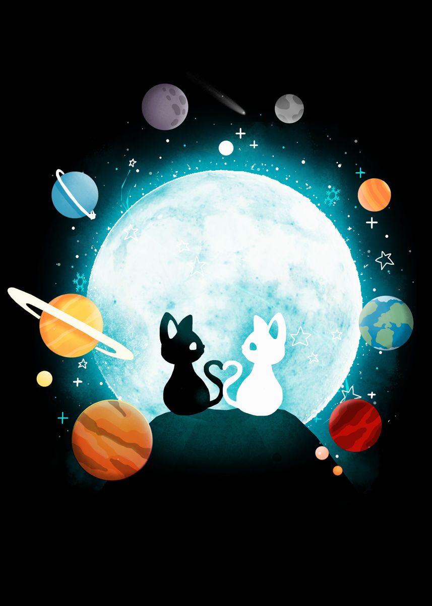 'Cat Moon Planets' Poster, picture, metal print, paint by Valentina Fabbri | Displate