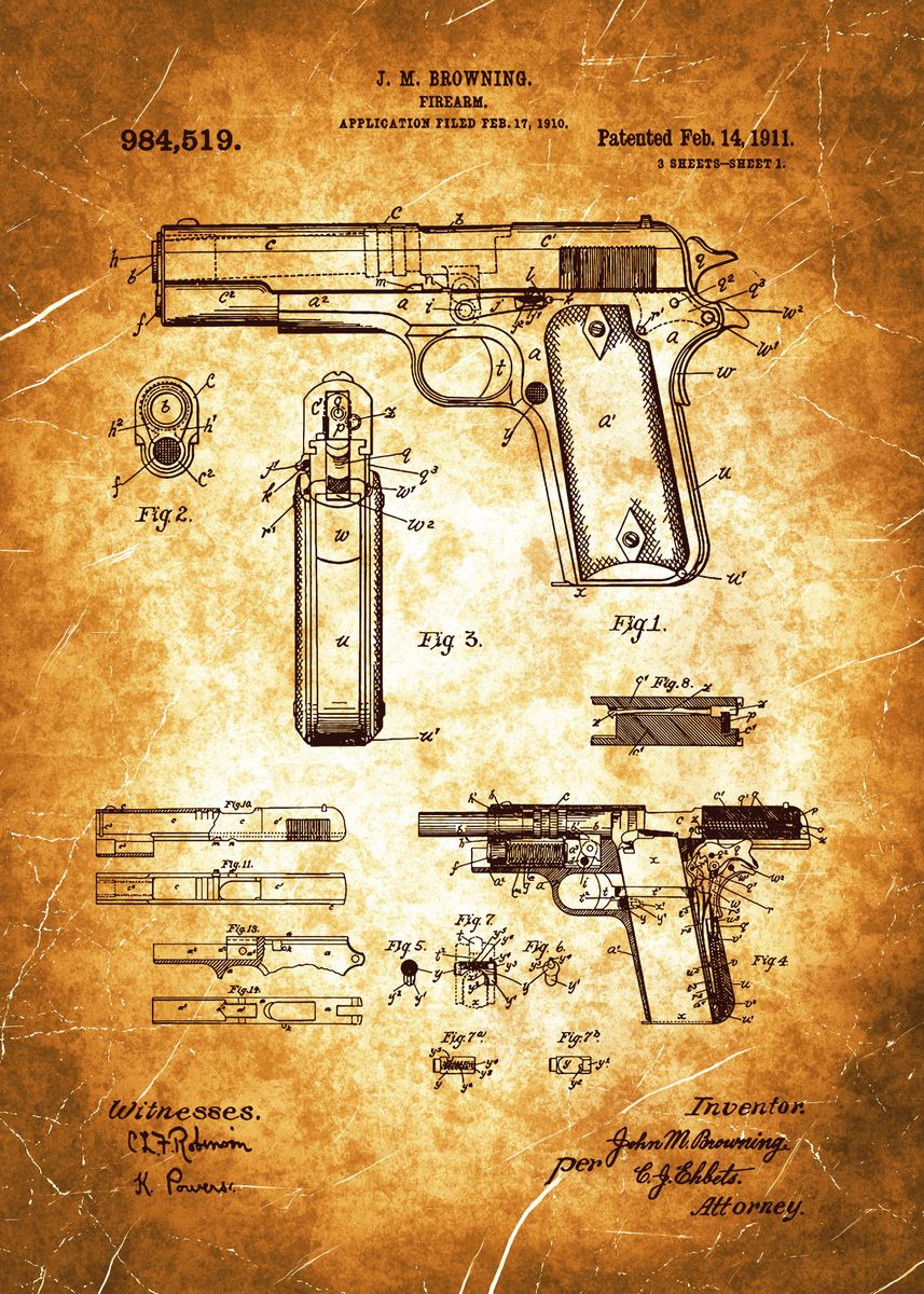 '2 Colt 45 Handgun 1911 Pa' Poster, picture, metal print, paint by ...