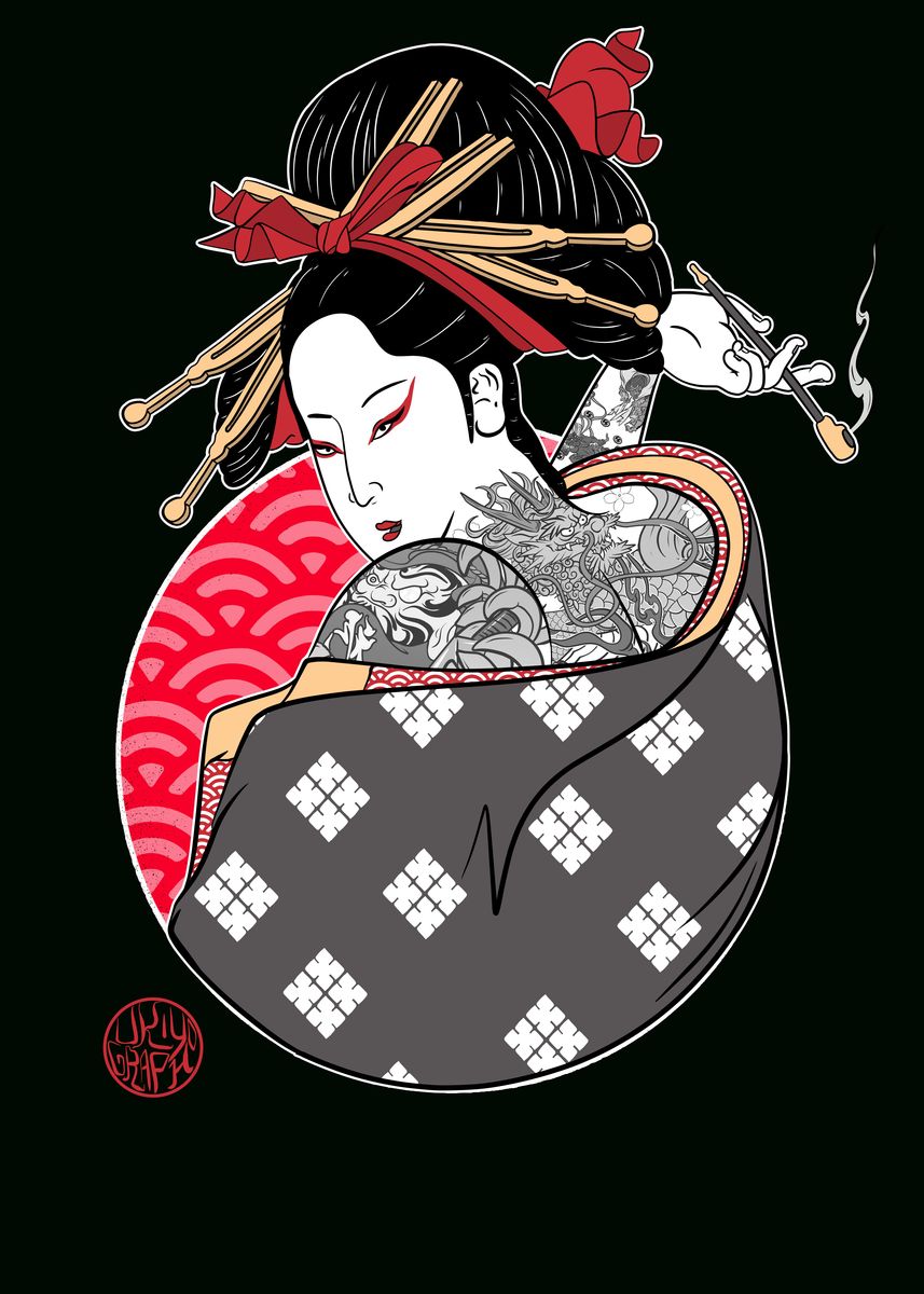 'Tattooed geisha smoking' Poster, picture, metal print, paint by ...