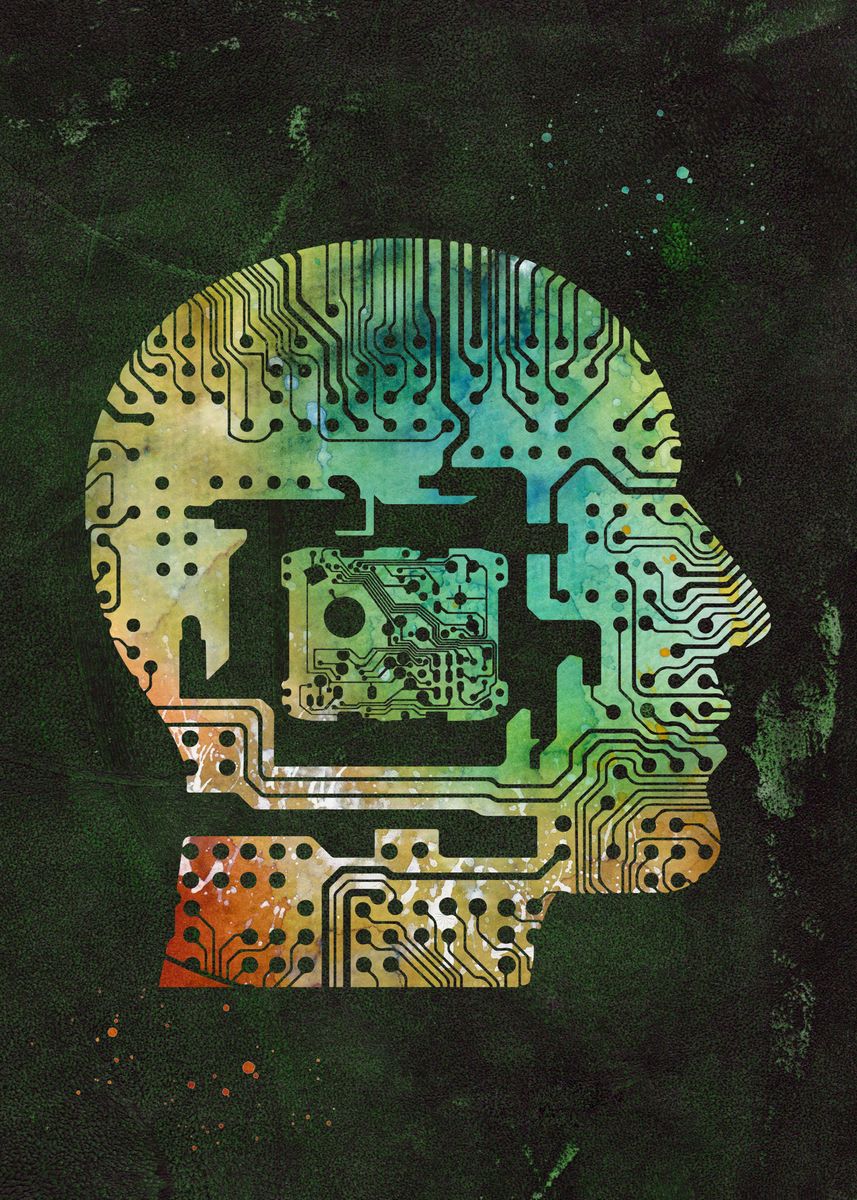 'Circuit Man head with chip' Poster, picture, metal print, paint by ...