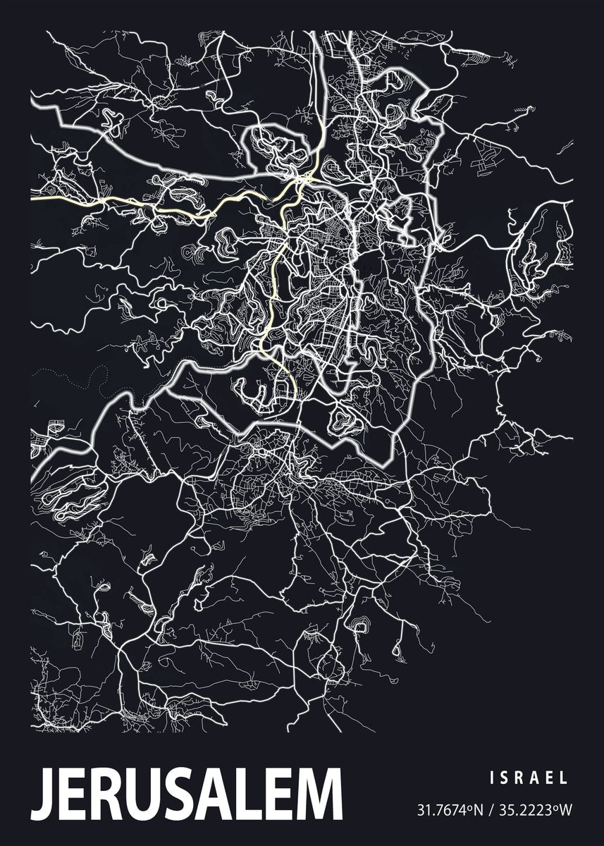 'Jerusalem City Map Israel' Poster, picture, metal print, paint by Max ...