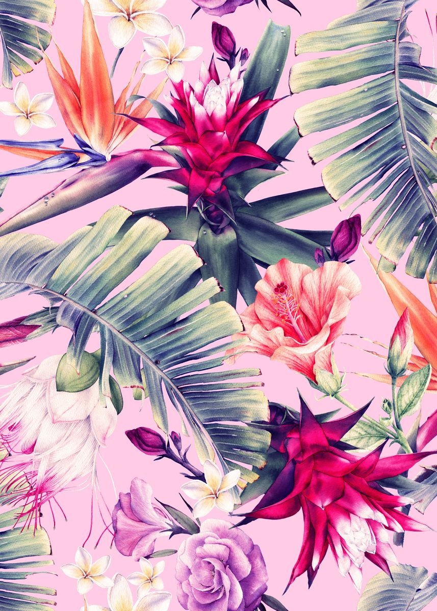 'Pink Tropical Pattern' Poster, picture, metal print, paint by Aloke ...