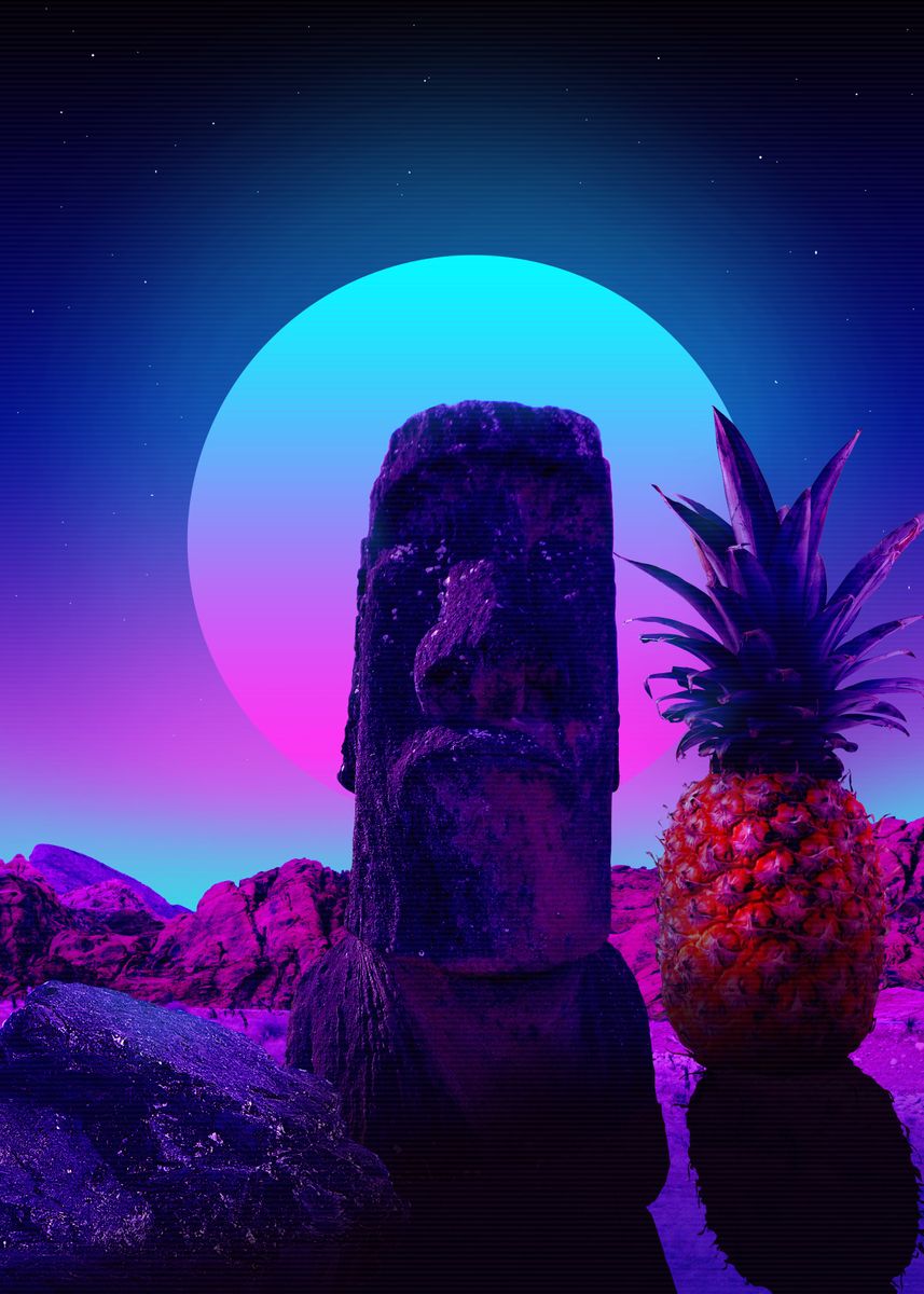 'synthwave moai' Poster by INSPIRE COLLECTION | Displate